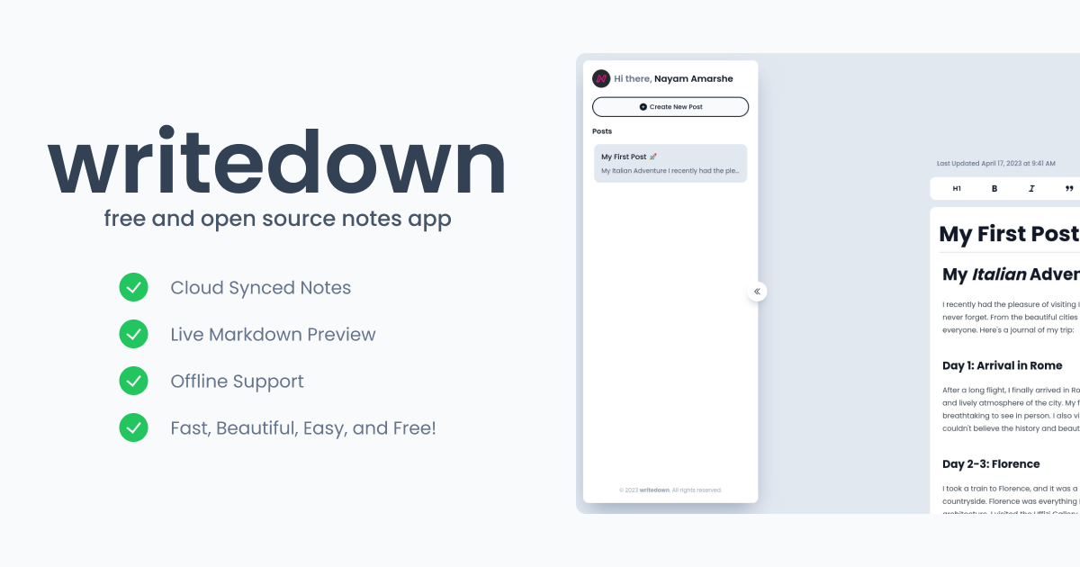 New Show Hacker News story: Show HN: Writedown - Open Source Markdown Diary